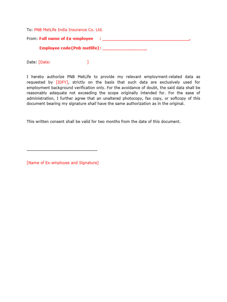 Loa Format of Metlife For Ex Employee | PDF