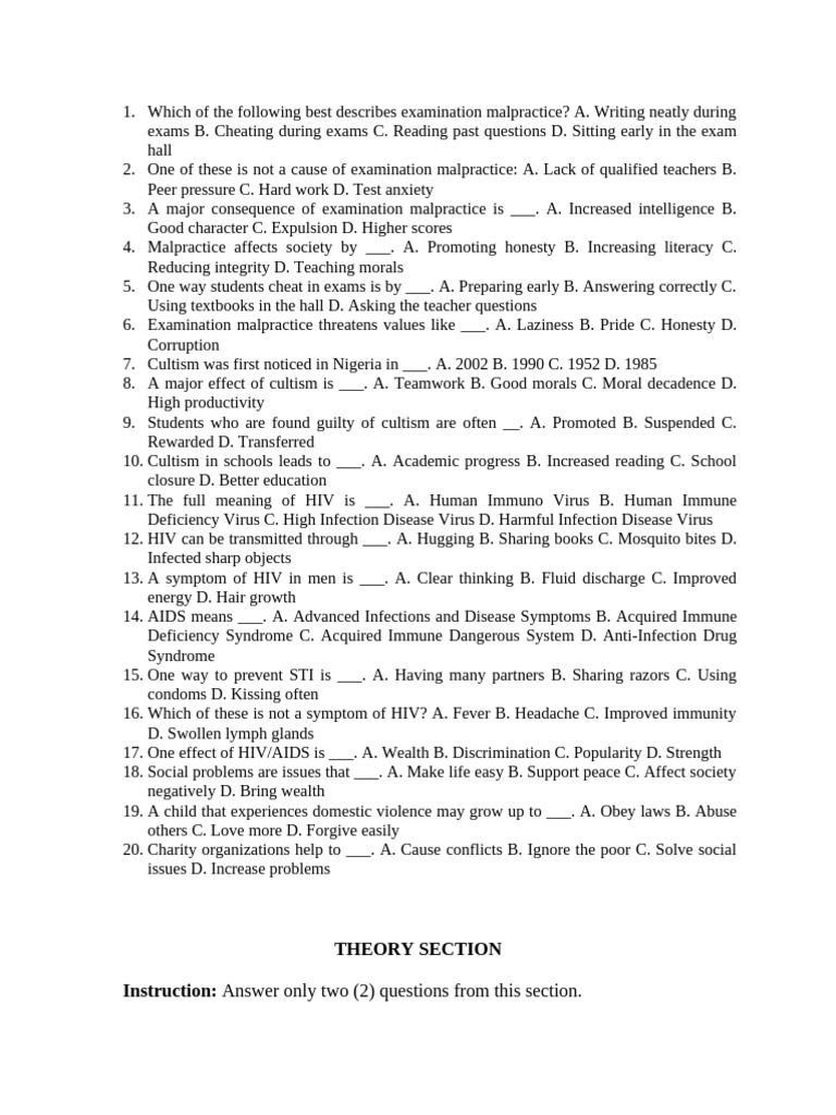 Social Studies Jss1 3rd Term Exams | PDF | Hiv/Aids | Infection