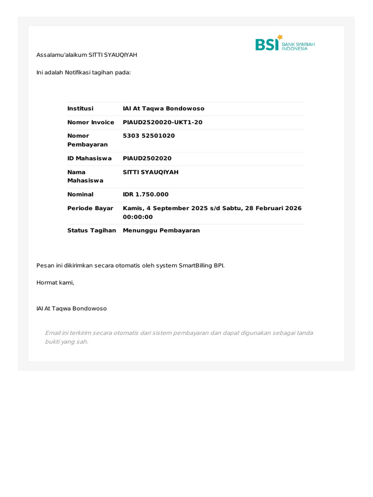 IAI at Taqwa Bondowoso (IAI at Taqwa Bondowoso) Notifikasi Invoice ...