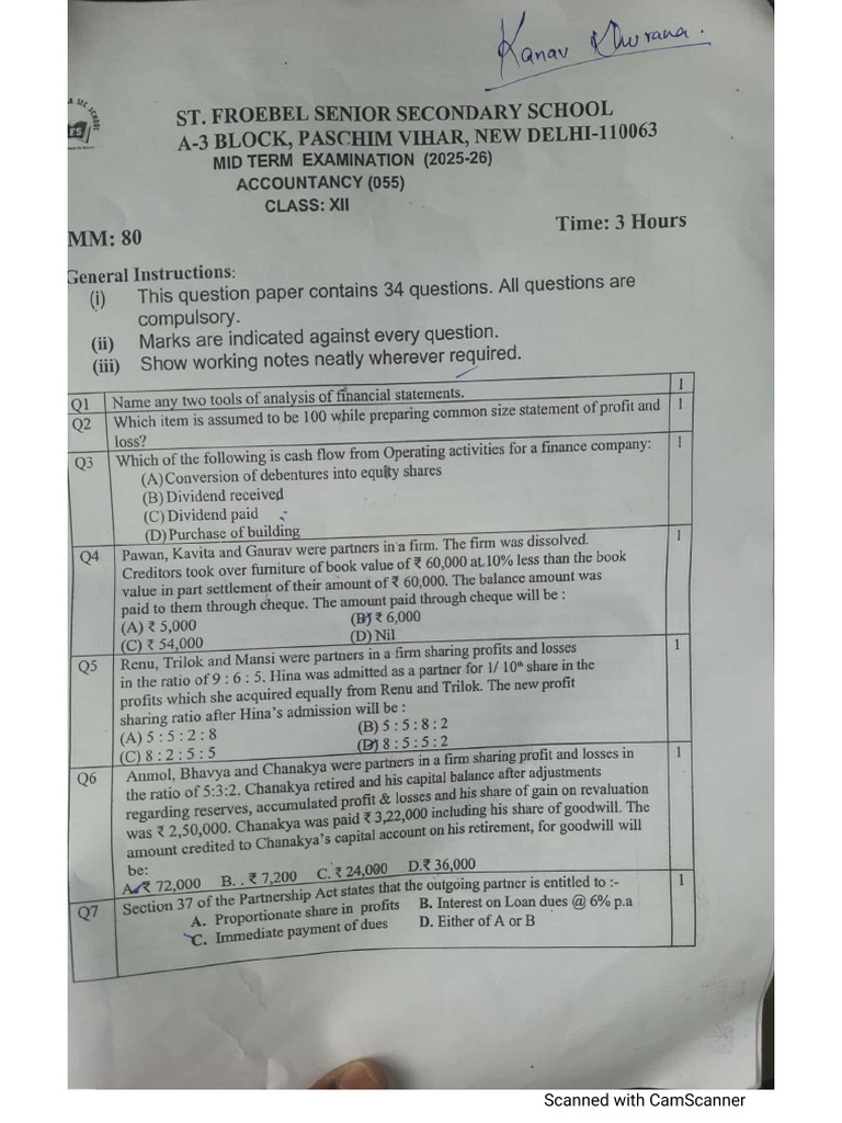 Class XII Acc St. Froebel HY 2025-26 | PDF