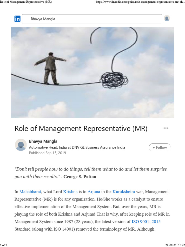 Role of Management Representative (MR) | PDF | Quality Management ...