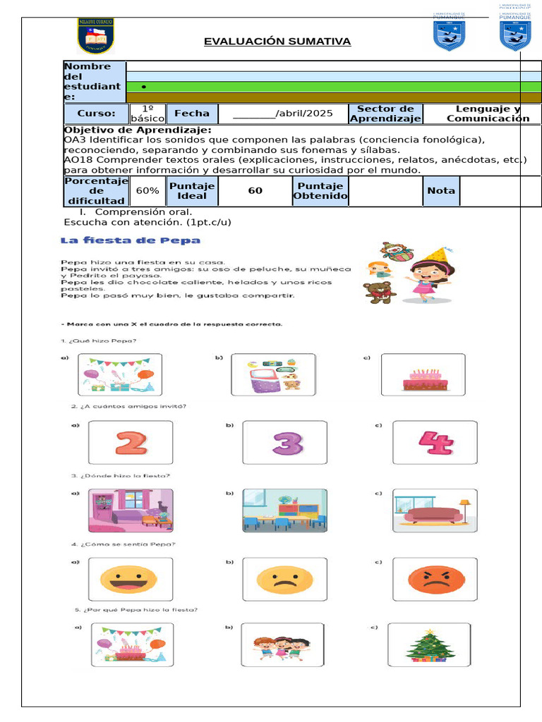 Evaluación Abril Vocales, Letra M, L, P | PDF