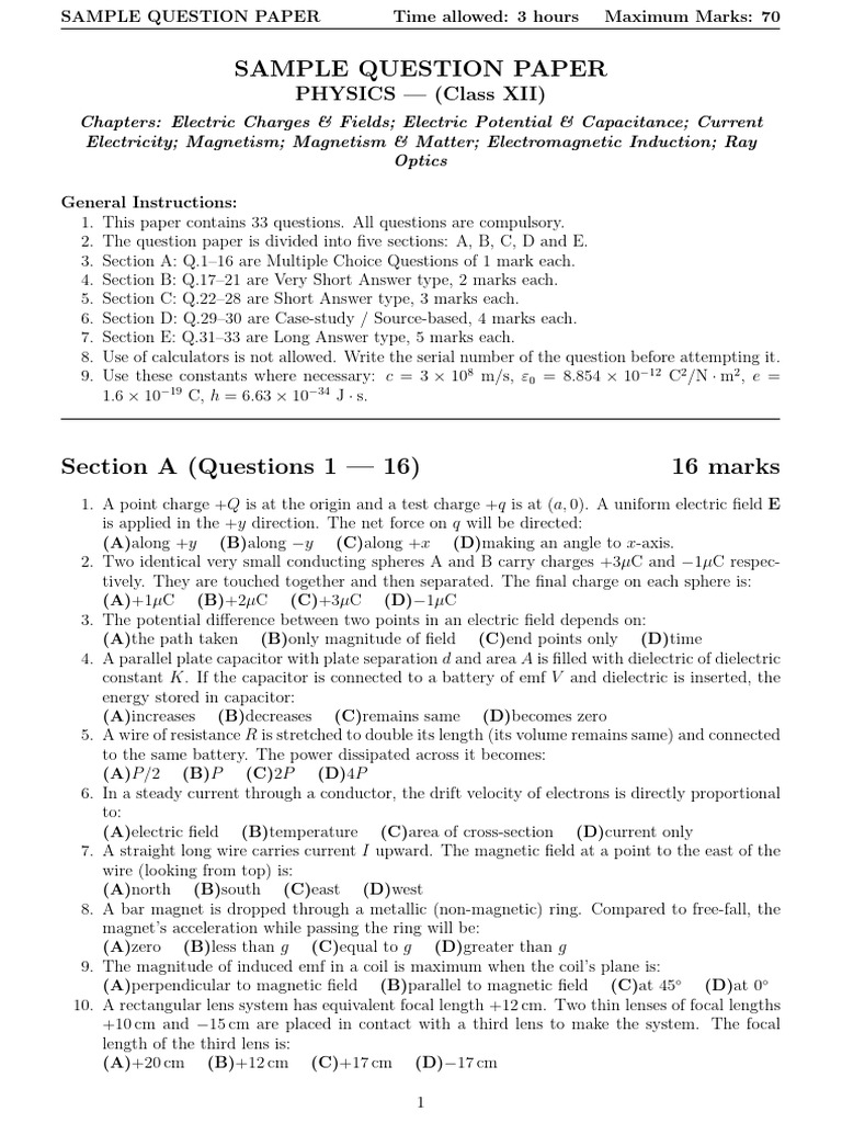 Sample Question Paper Half Yearly Physics | PDF | Capacitor | Magnetic ...