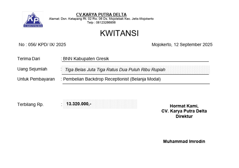 Kwitansi Pembelian Backdrop Rp. 13.320.000 | PDF