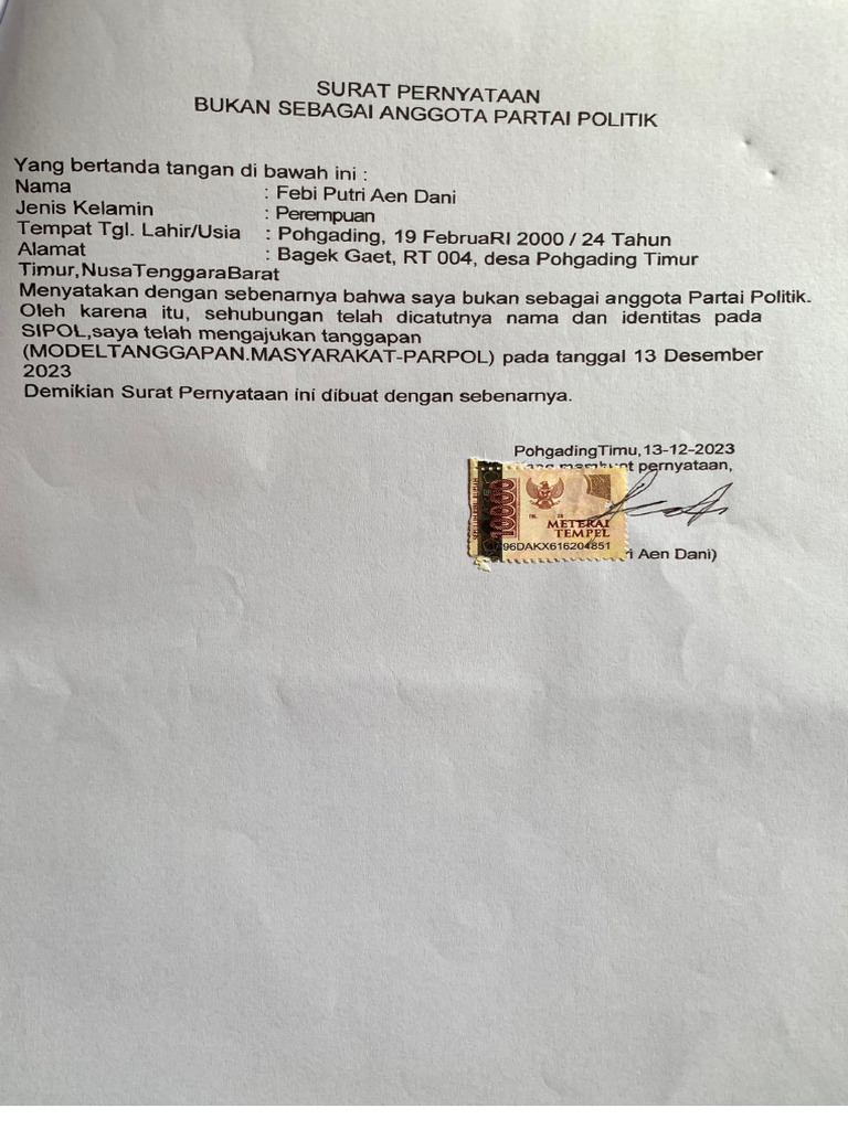 Surat Pernyataan Bukan Anggota Parpol Febi Putri | PDF