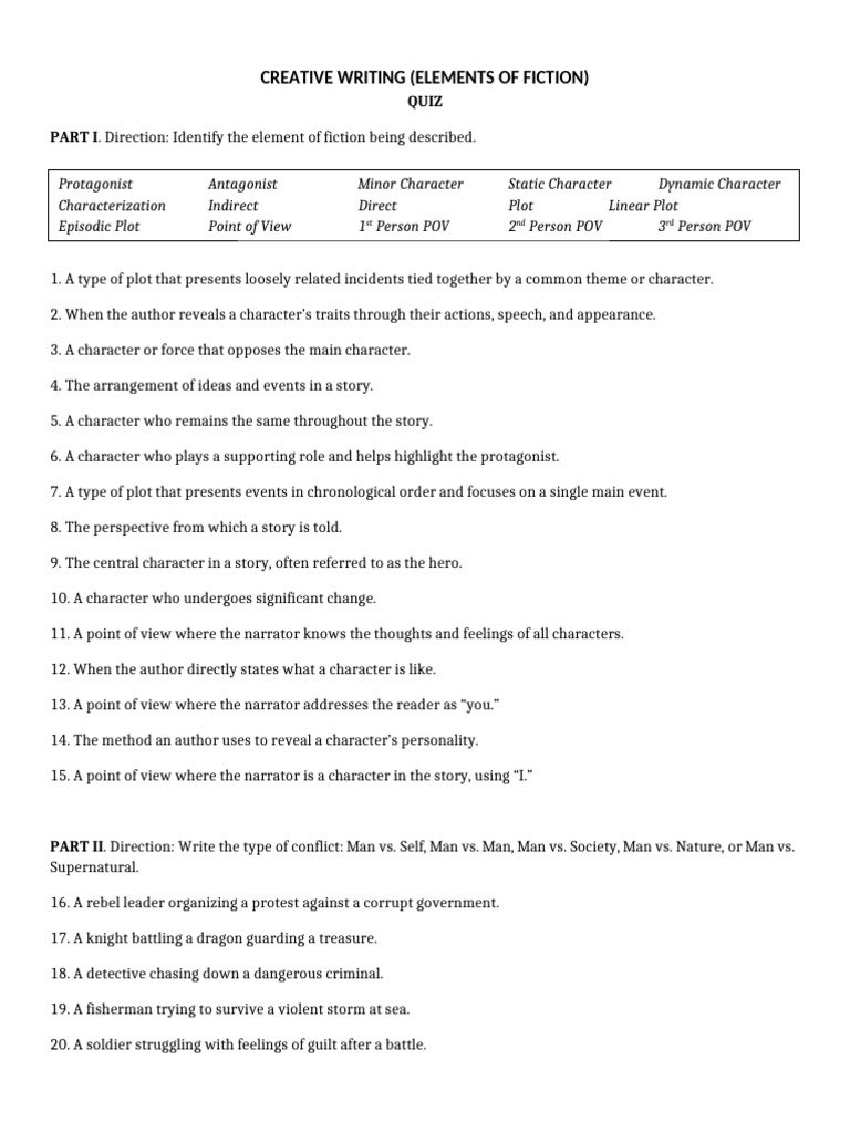 CW l5 Elements of Fiction Quiz | PDF | Narration | Plot (Narrative)