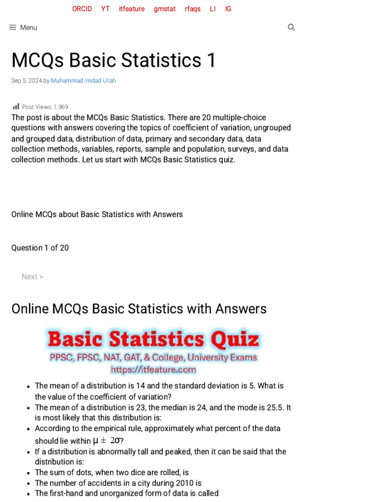 Important MCQs Basic Statistics 1 - Statistics Quiz Answers | PDF ...