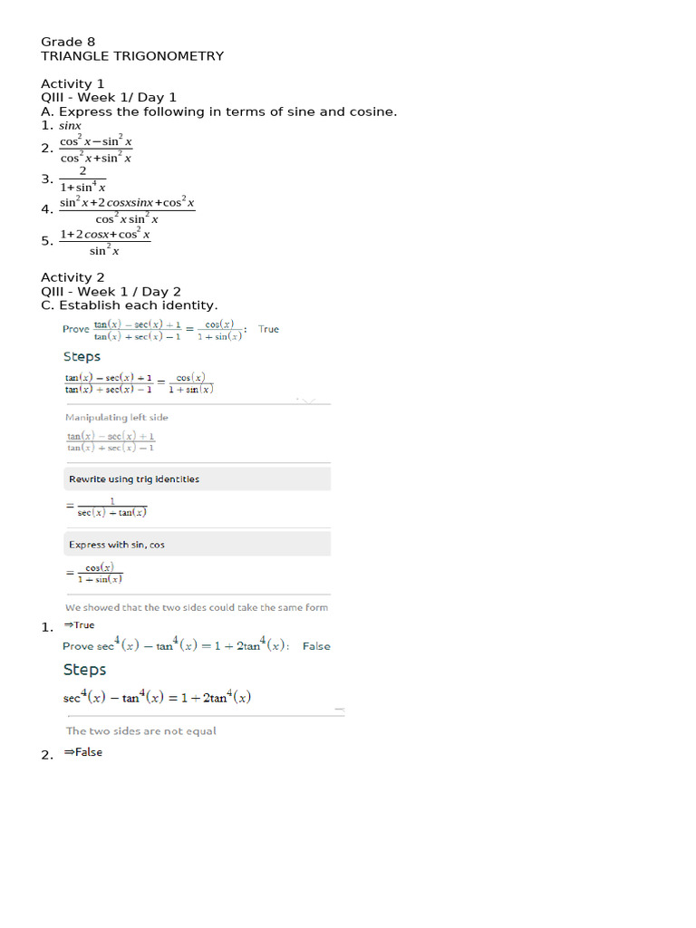 Grade 8 Triangle Trigonometry Activities | PDF | Trigonometric ...