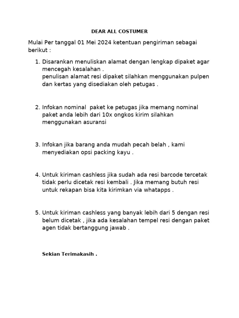Dear All Costumer | PDF