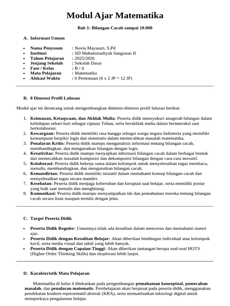 Modul Ajar Kelas 4 Deep Learning Matematika BAB 1 | PDF