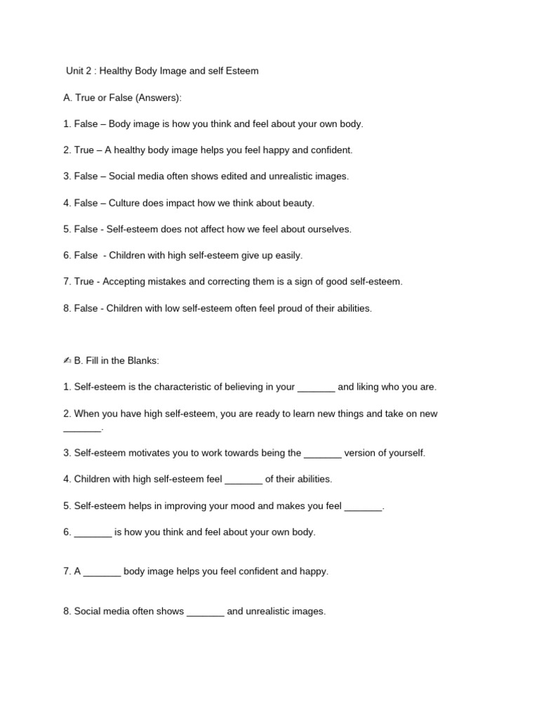 V.ed Unit 2 - Healthy Body Image and Self Esteem | PDF | Self Esteem ...