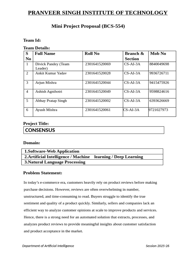 Dept of AIML Science Mini Project Proposal Updated | PDF | Artificial ...
