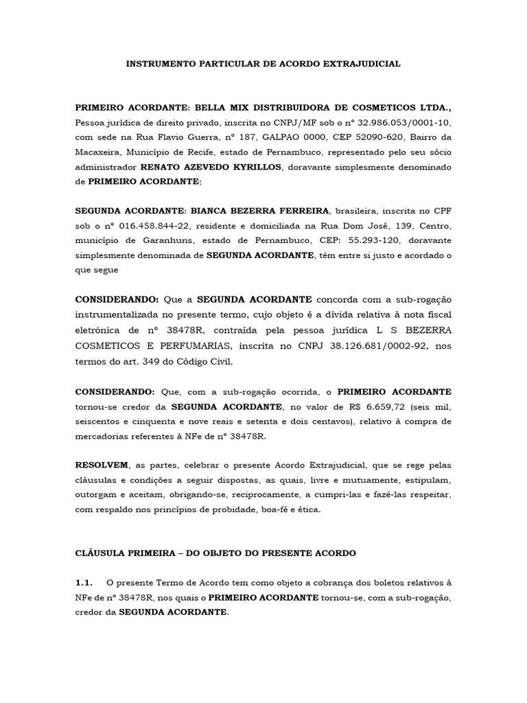 Acordo Extrajudicial de Cobrança de Dívida | PDF | Direito Civil ...