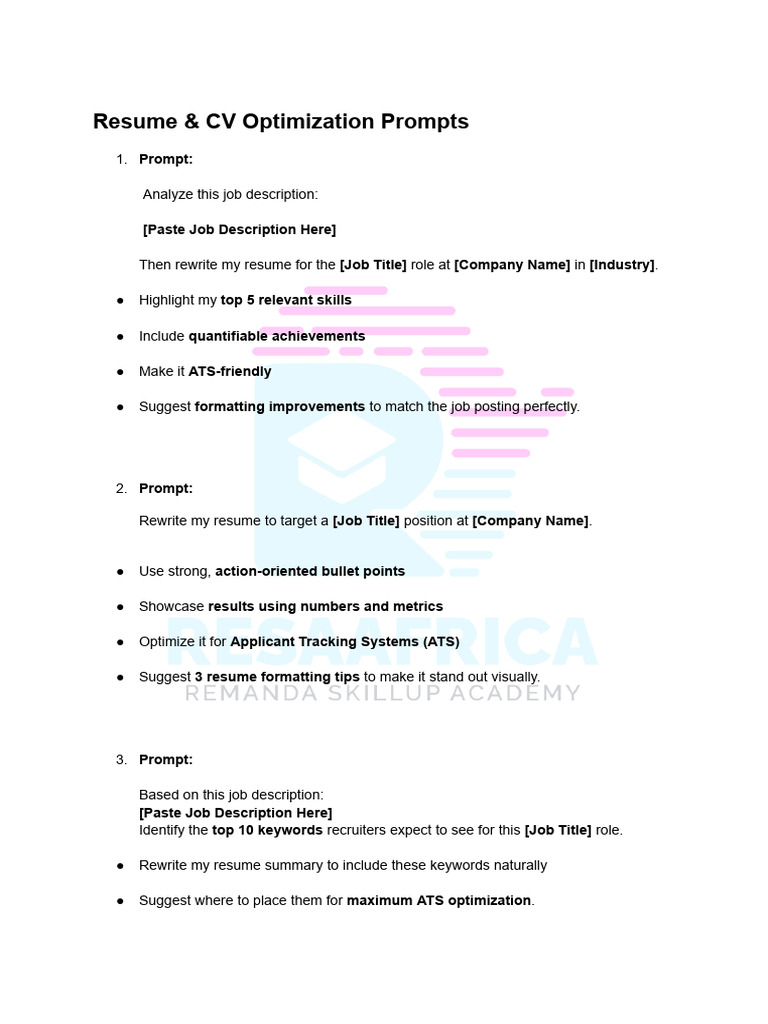 Resume and CV Optimization Prompts | PDF | Résumé | Recruitment