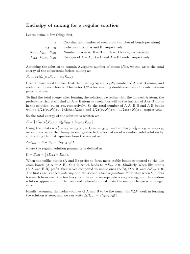 Enthalpy of Mixing in Regular Solutions | PDF