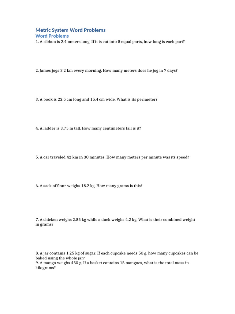 Metric System Word Problems Set2 | PDF