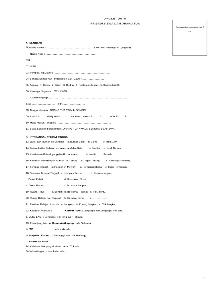 Angket Data Pribadi Siswa dan Orang Tua | PDF