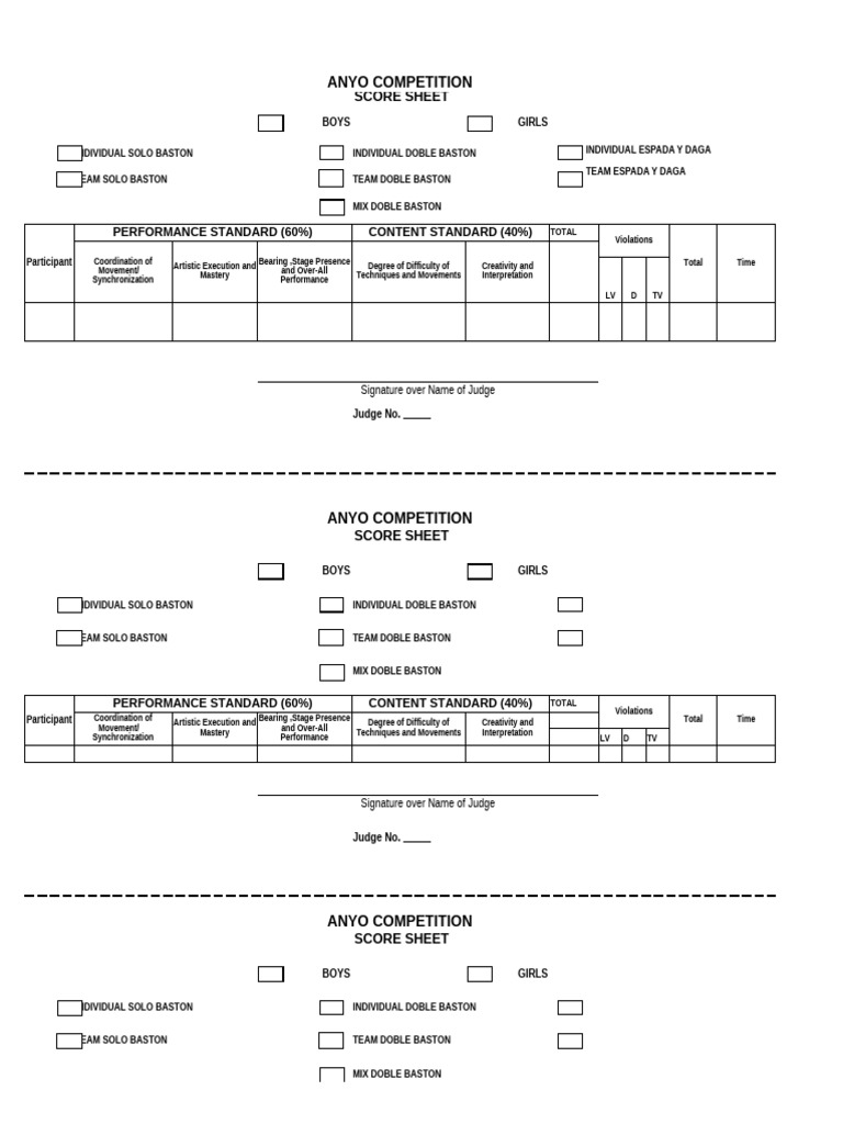 Arnis Anyo New Score Sheets | PDF | Swordsmanship | Philippines