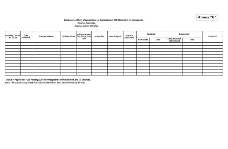 Annex G Database Log Sheet | PDF