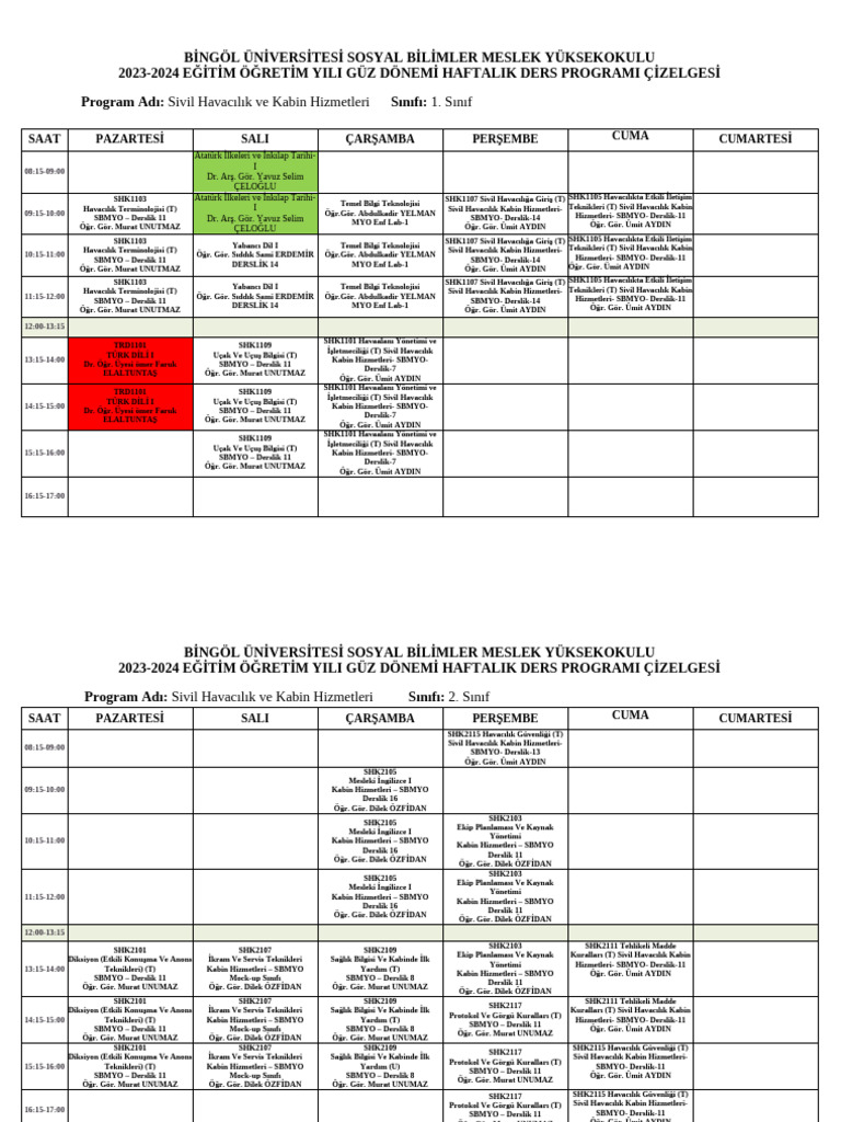 2023 2024 Guz Donemi Sivil Havacilik Ve Kabin Hizmetleri Ders Programi | PDF