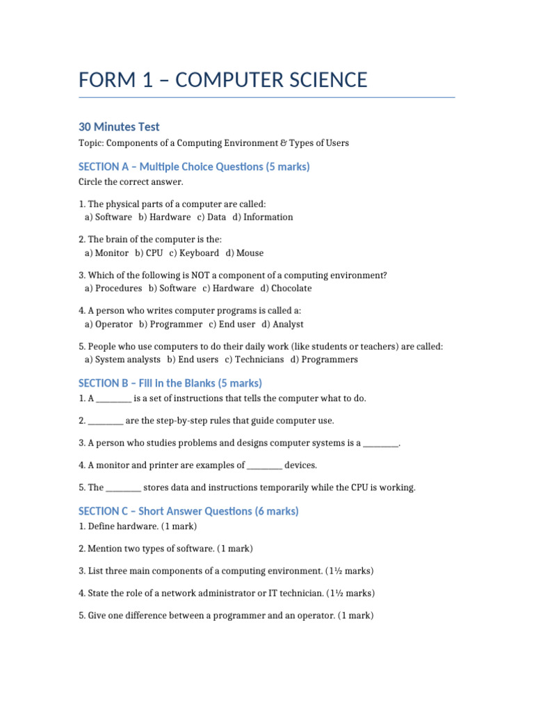 Form1 ComputerScience Test Lesson1 2 | PDF