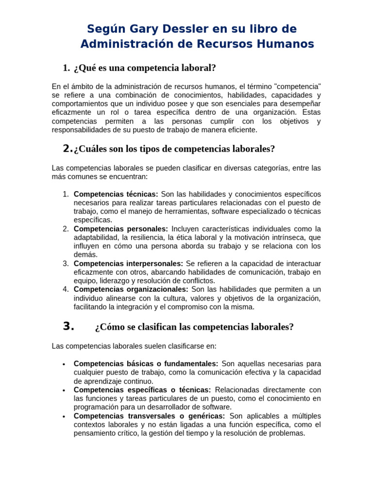 Competencias Laborales según Dessler | PDF | Gestión de recursos ...