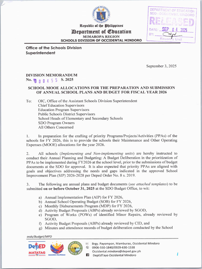DM No. 455 S. 2025 School Mooe Allocations For The Preparation and ...
