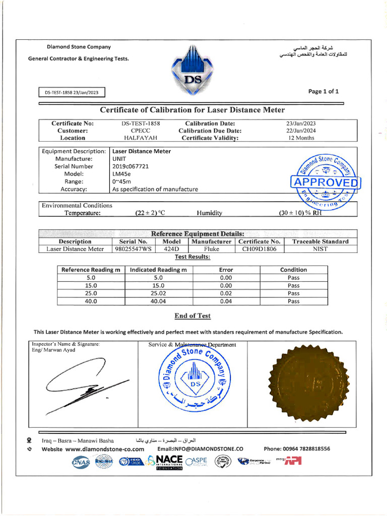Certificate For Laser Distance Meter | PDF | Calibration | Physical Quantities