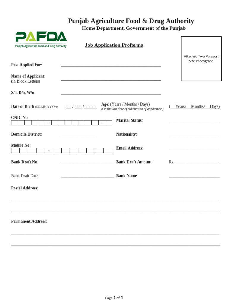 PAFDA Job Application Proforma | PDF