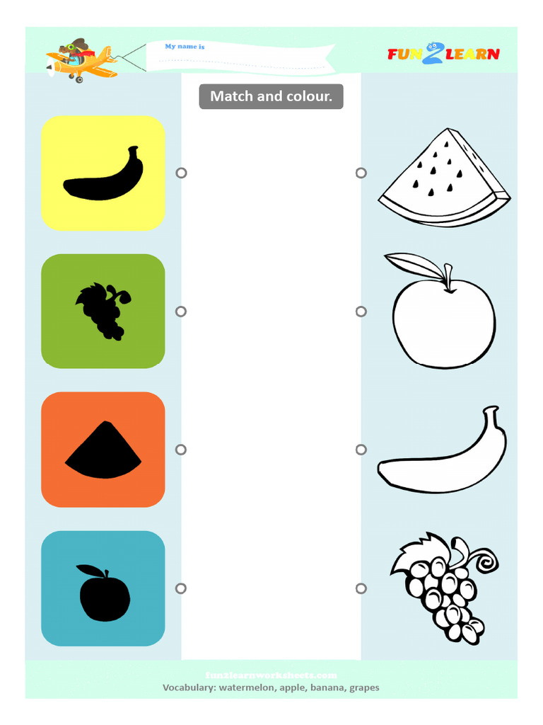 Match Colour Worksheet Banana Apple Watermelon Grapes f2l en | PDF
