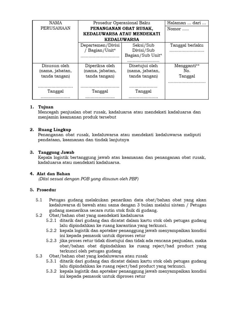 Sop Penanganan Obat Rusak, Kadalursa Atau Mendekati Kadaluarsa | PDF