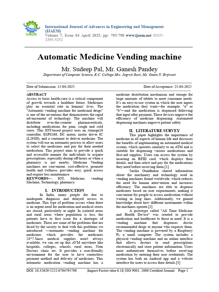 Automatic Medicine Vending Machine System | PDF | Vending Machine ...