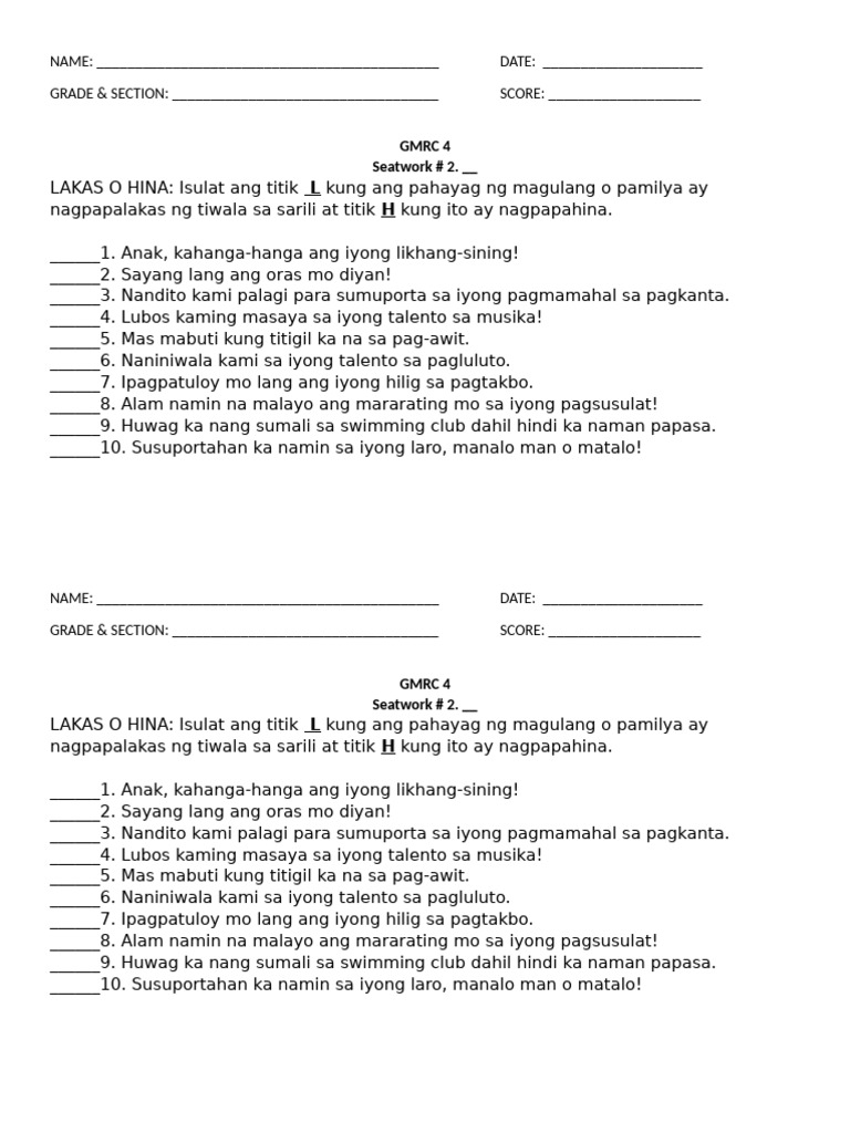 Grade 4 - GMRC Seatwork | PDF