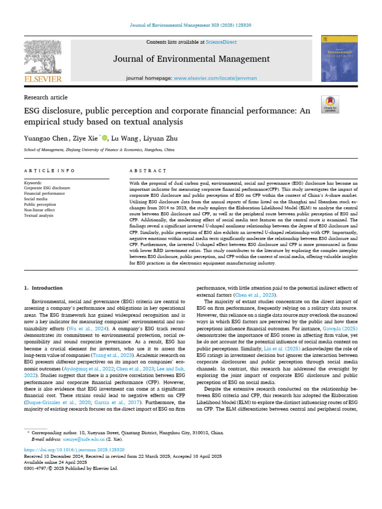 ESG Disclosure Public Perception and Corporate Financial Performance An ...