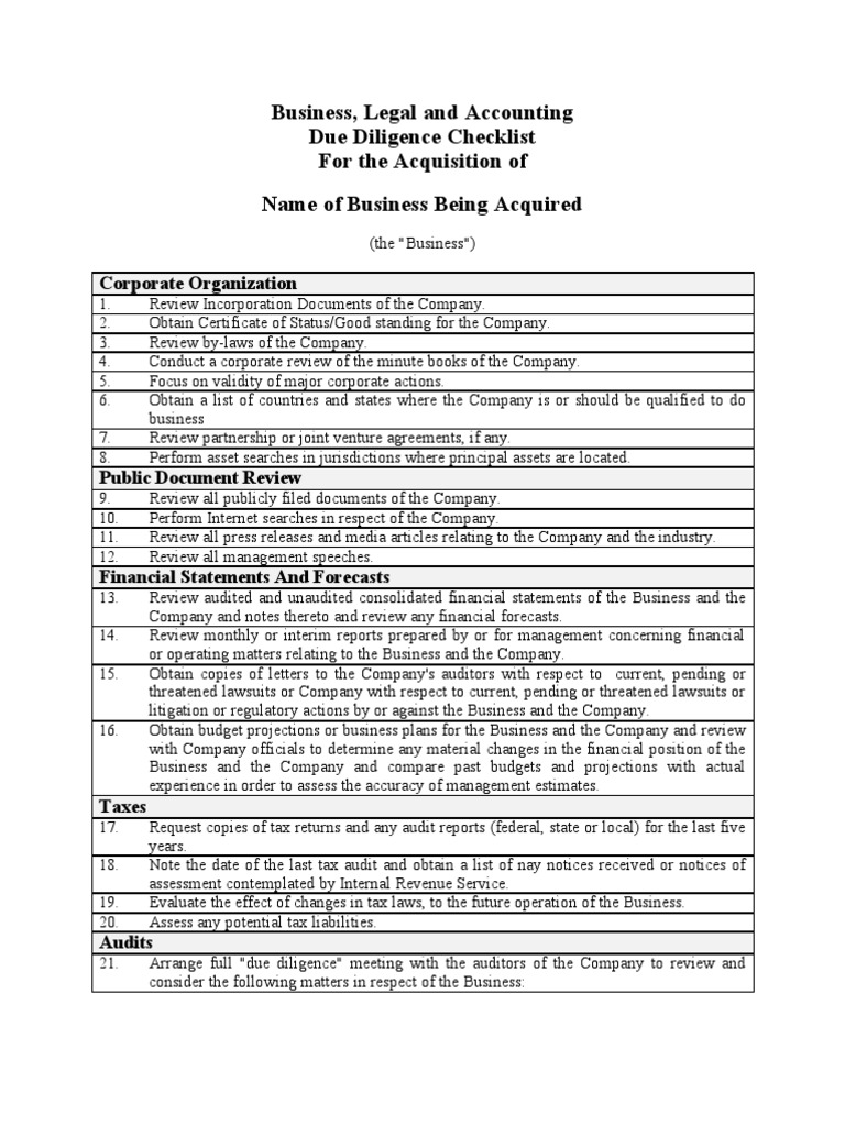 Due Diligence Checklist | Audit | Financial Statement