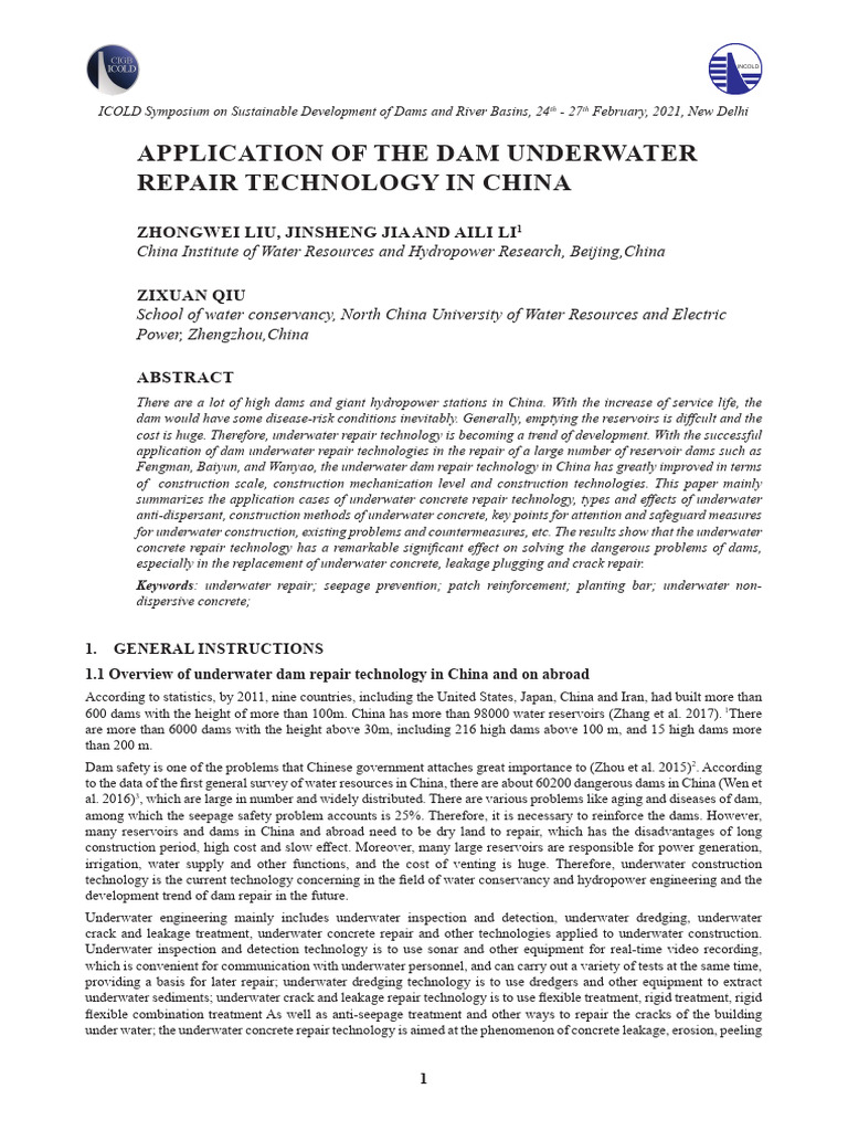 Underwater Repair Technology for Dams | PDF | Concrete | Dam