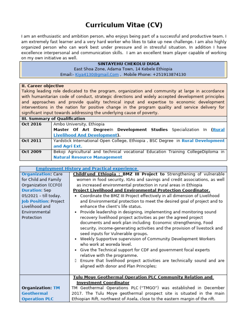 Development Specialist CV: Ethiopia | PDF | Evaluation | Ethiopia