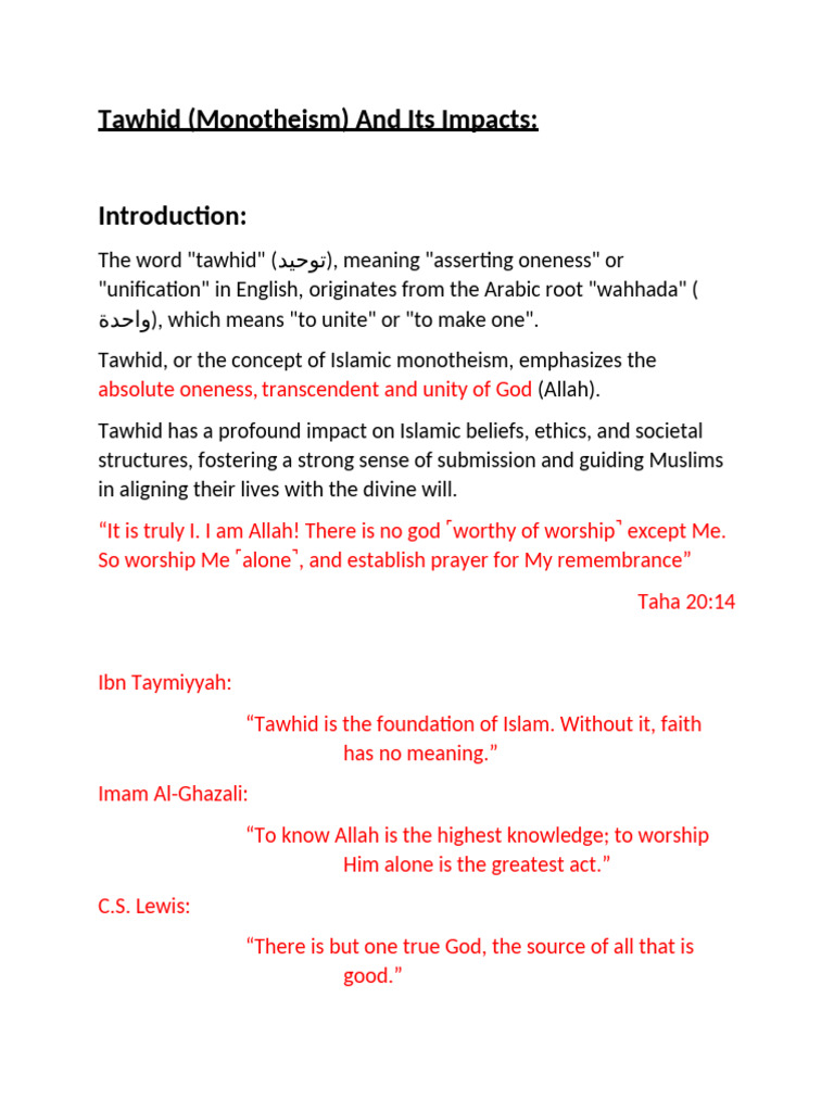 Tawhid Monotheism and Its Impacts | PDF | Tawhid | God In Islam