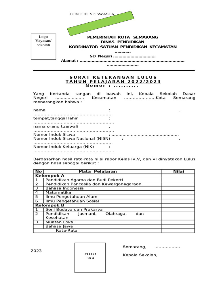 Surat Keterangan Lulus SD Semarang 2023 | PDF