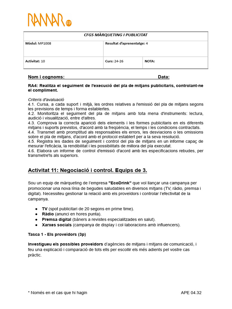 Act. 11 - RA4 - Negociació I Control | PDF