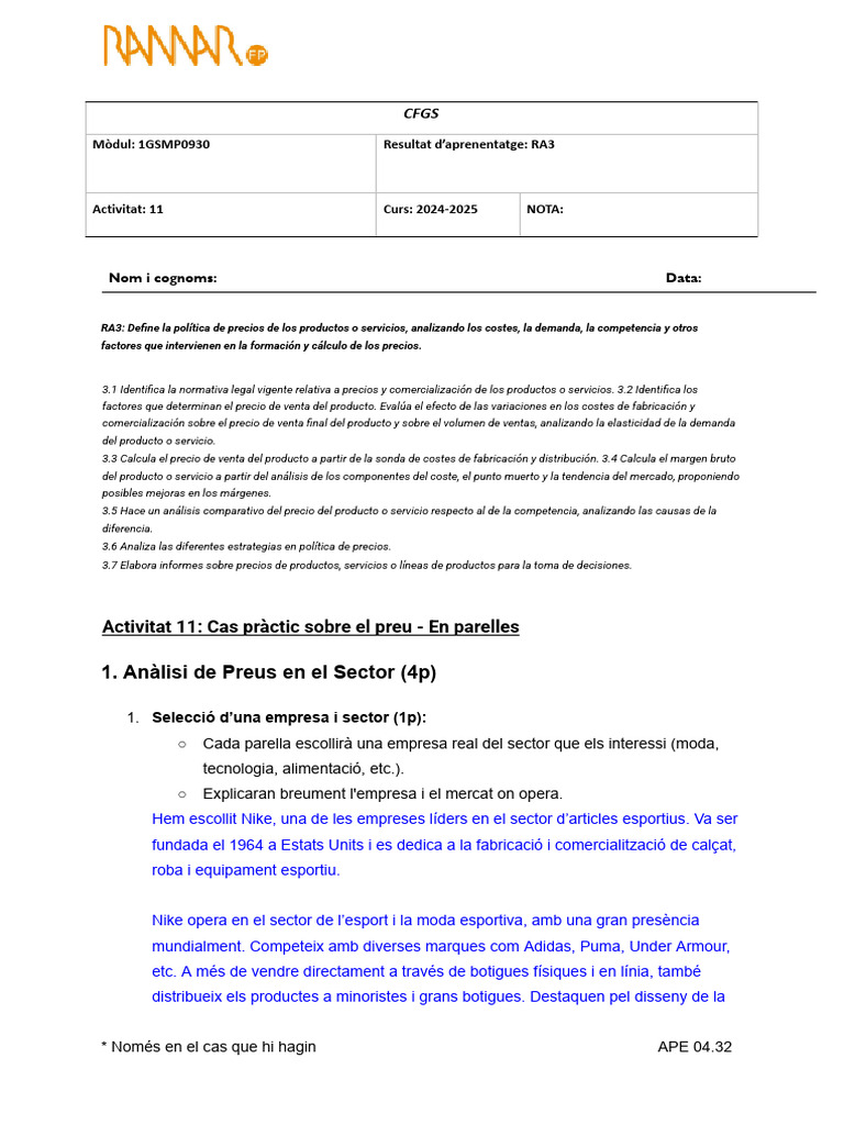 Alex y MarcActivitat 11 - RA3 - Cas Pràctic Sobre El Preu | PDF