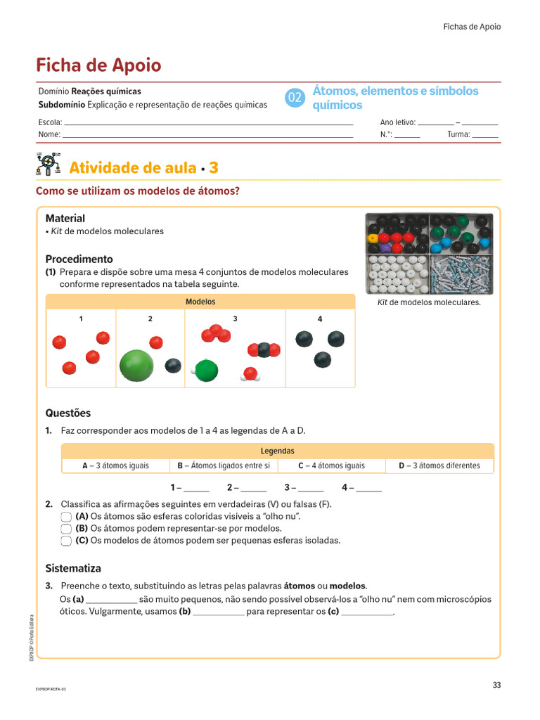 Exp8 Ficha Apoio Ativ Aula 3 | PDF | Átomos | Química