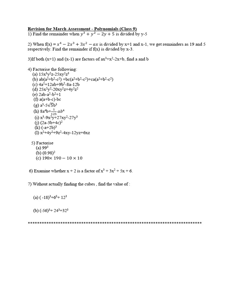 Polynomials Revision For March Assessment (Class 9) | PDF