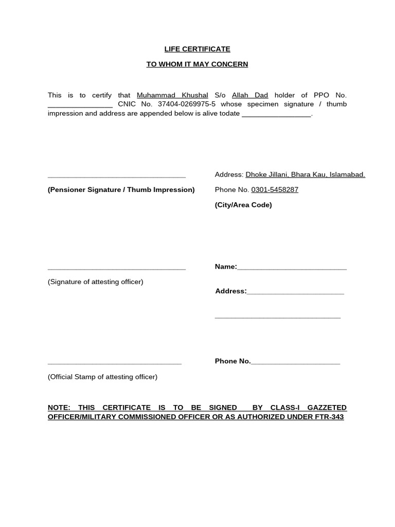 Pensioners Life Certificate Template | PDF