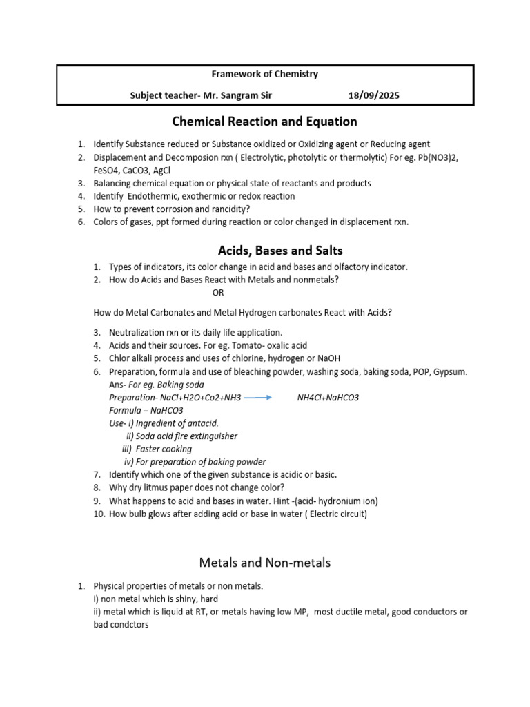 Science X Half Yearly Worksheet | PDF | Chemical Reactions | Acid