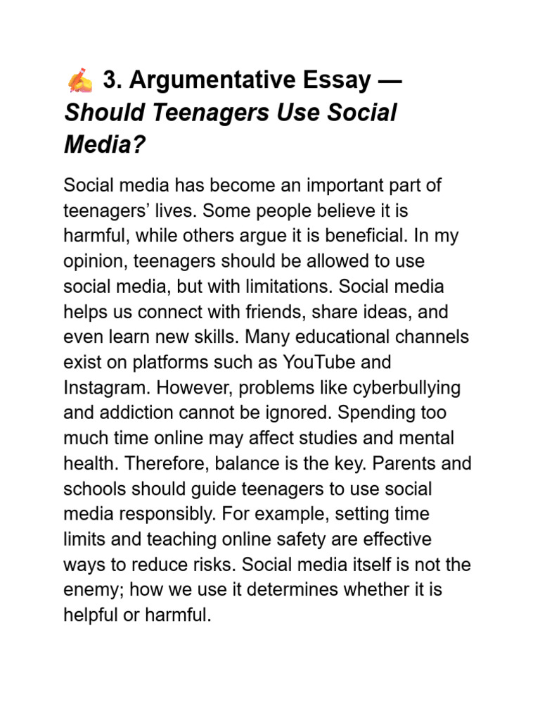 Argumentative Essay - Should Teenagers Use Social Media | PDF