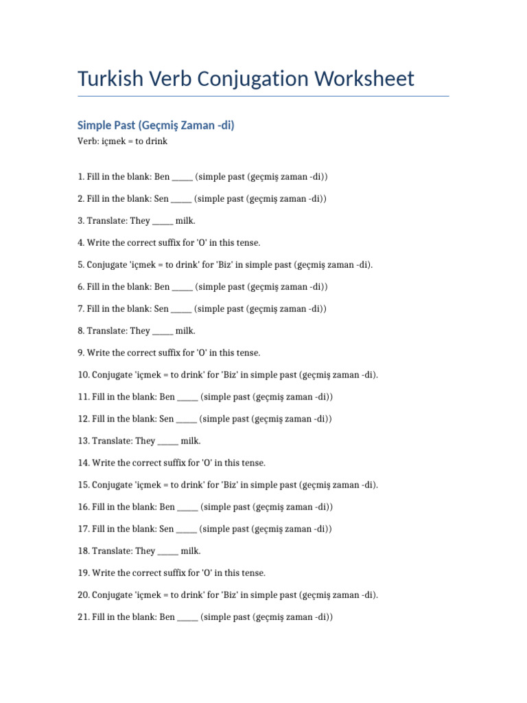 Conjugation of 'içmek' in Turkish | PDF | Grammatical Tense ...