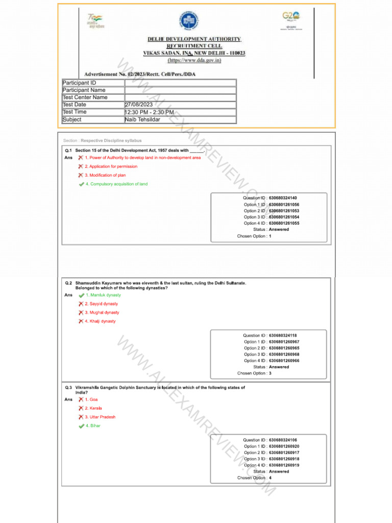 DDA Naib Tehsildar Exam Details 2023 | PDF | Government Of India