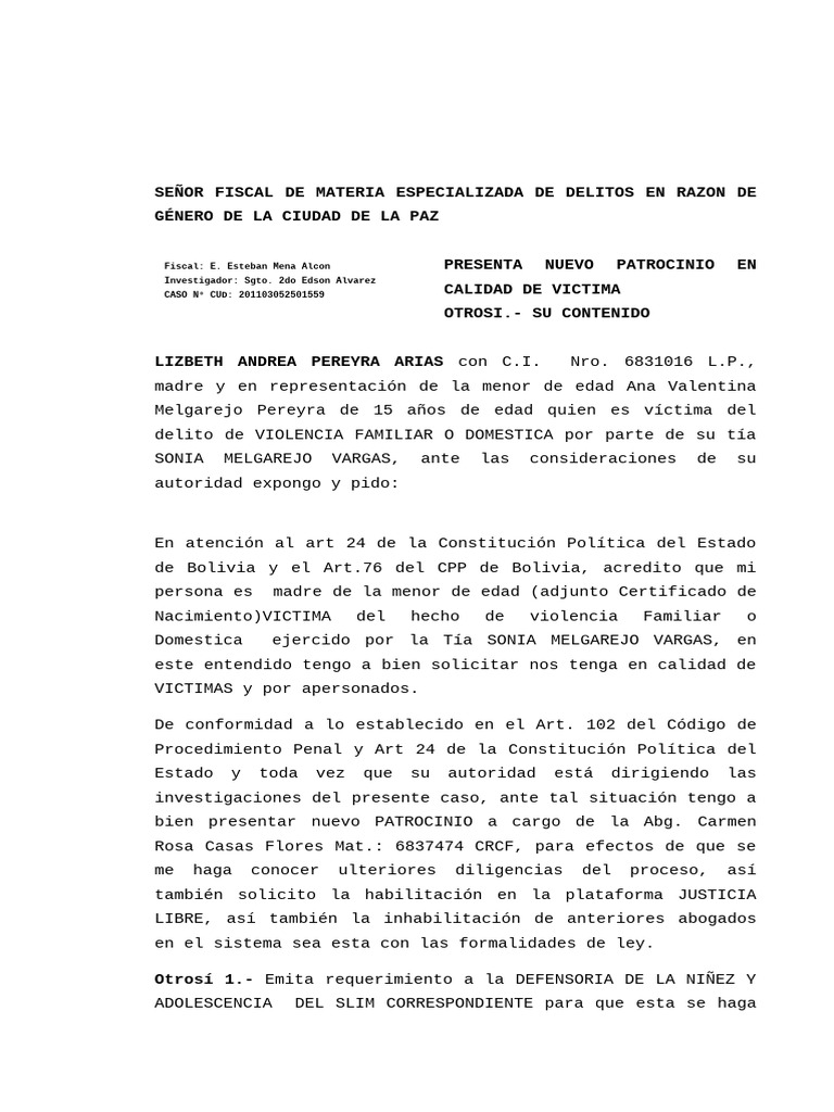 Apersonamiento Violencia Menor - Davil Melgarejo | PDF | Justicia | Crimen y violencia