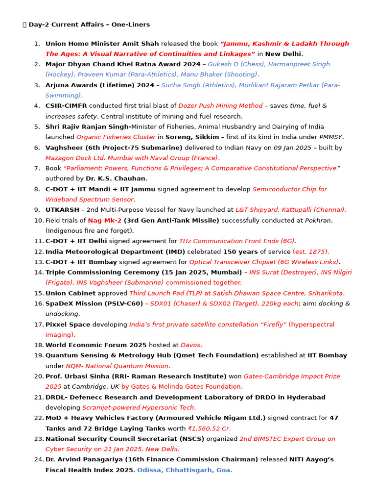Current Affairs Highlights - Day 2 & 3 | PDF
